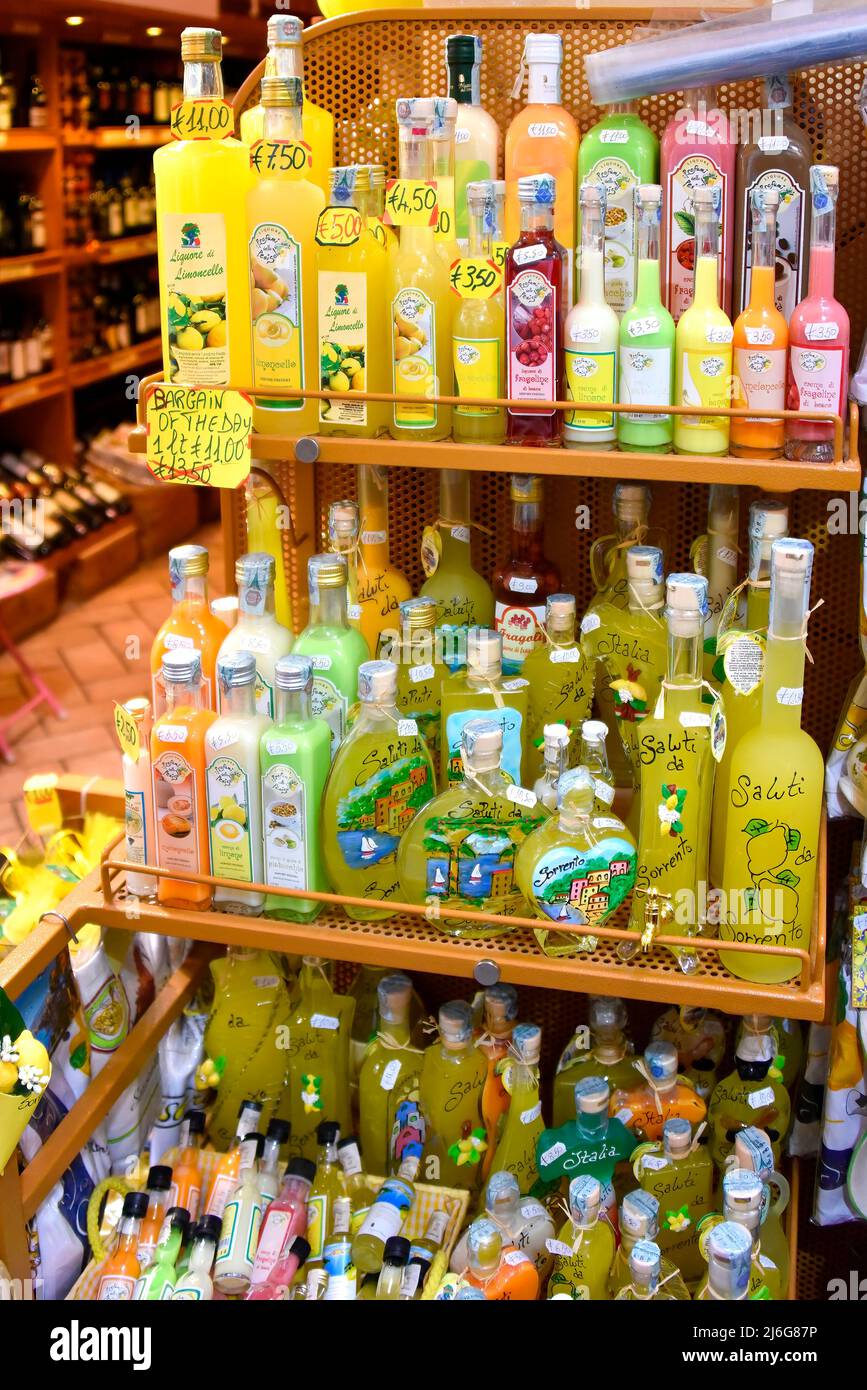 Sorrento, Italy - May 8, 2018: Display of limoncello bottles for sale ...