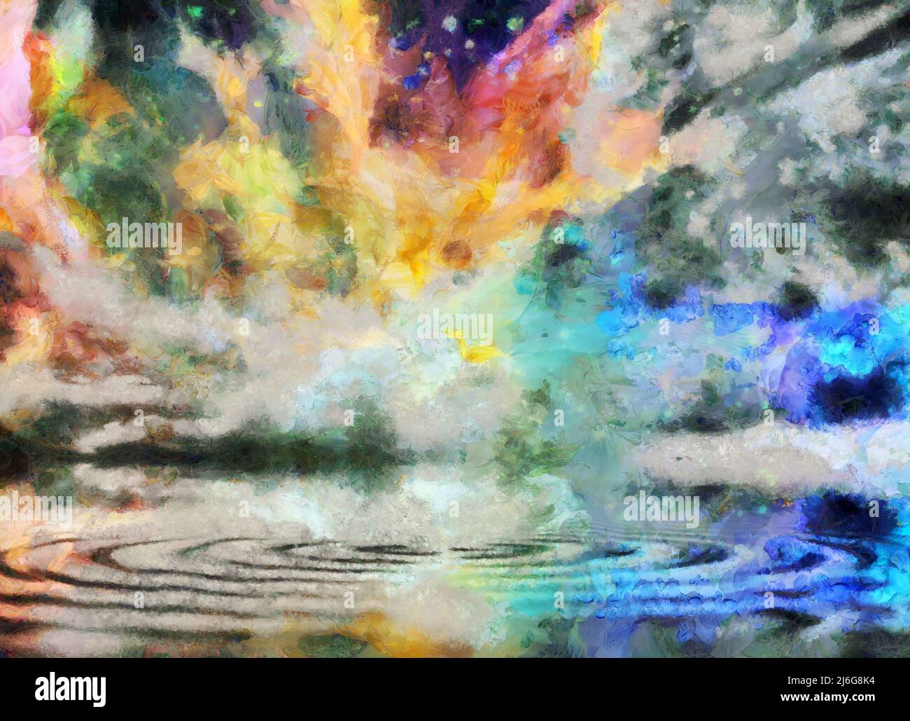 Surreal painting. Vivid universe, ripples on water surface. 3D ...