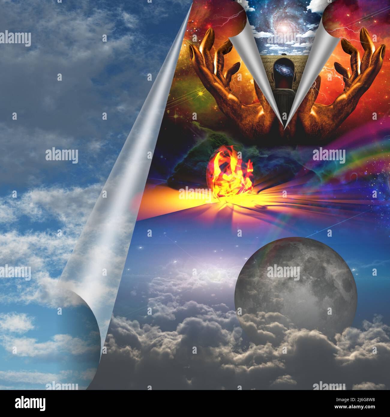 Surrealism. Hands of God in the sky. 3D rendering Stock Photo - Alamy