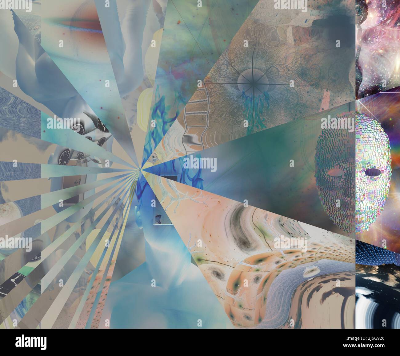 Human face with open door and angular shapes with eye and flying time ...