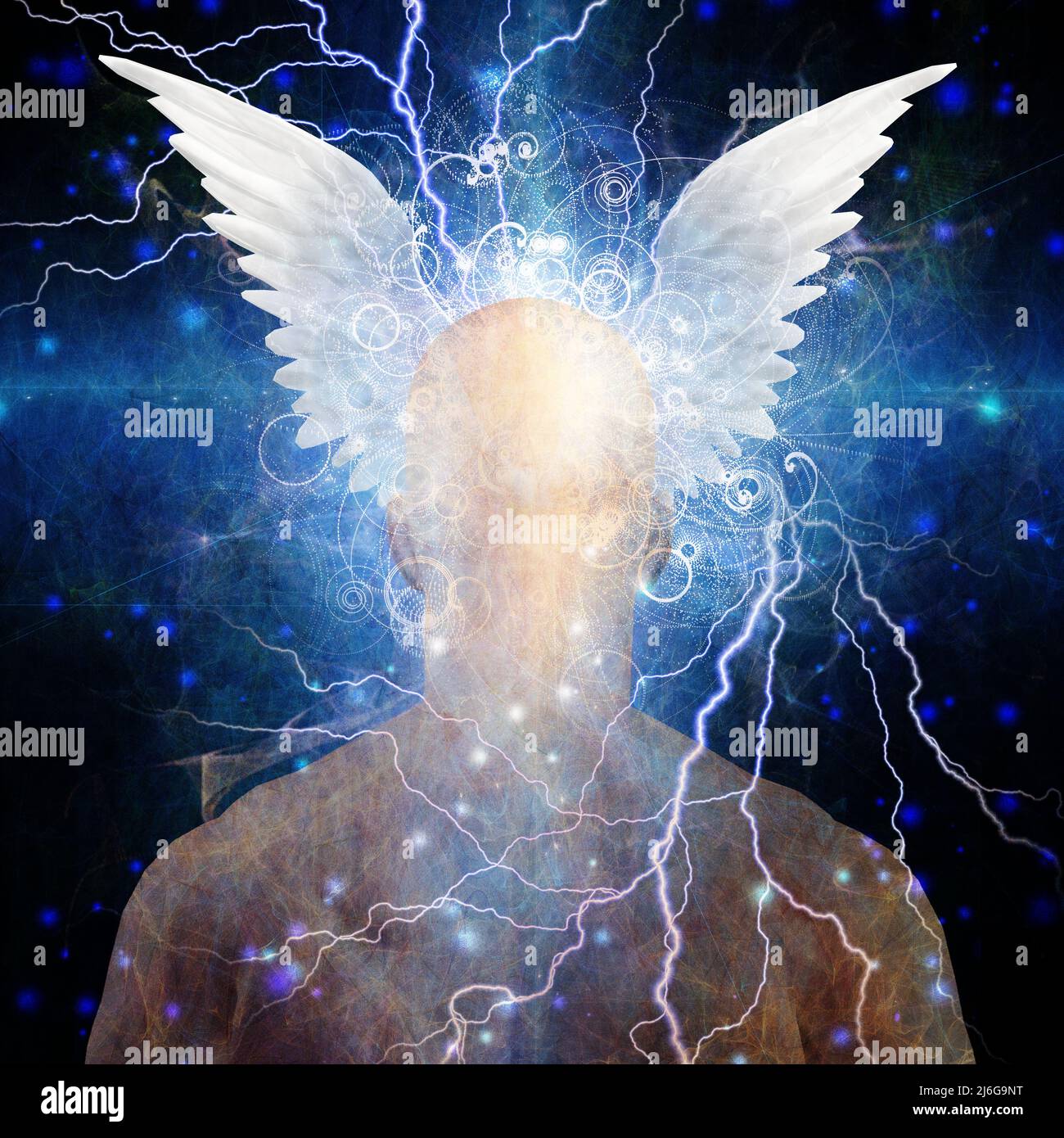 Winged head on star filled man. 3D rendering Stock Photo - Alamy
