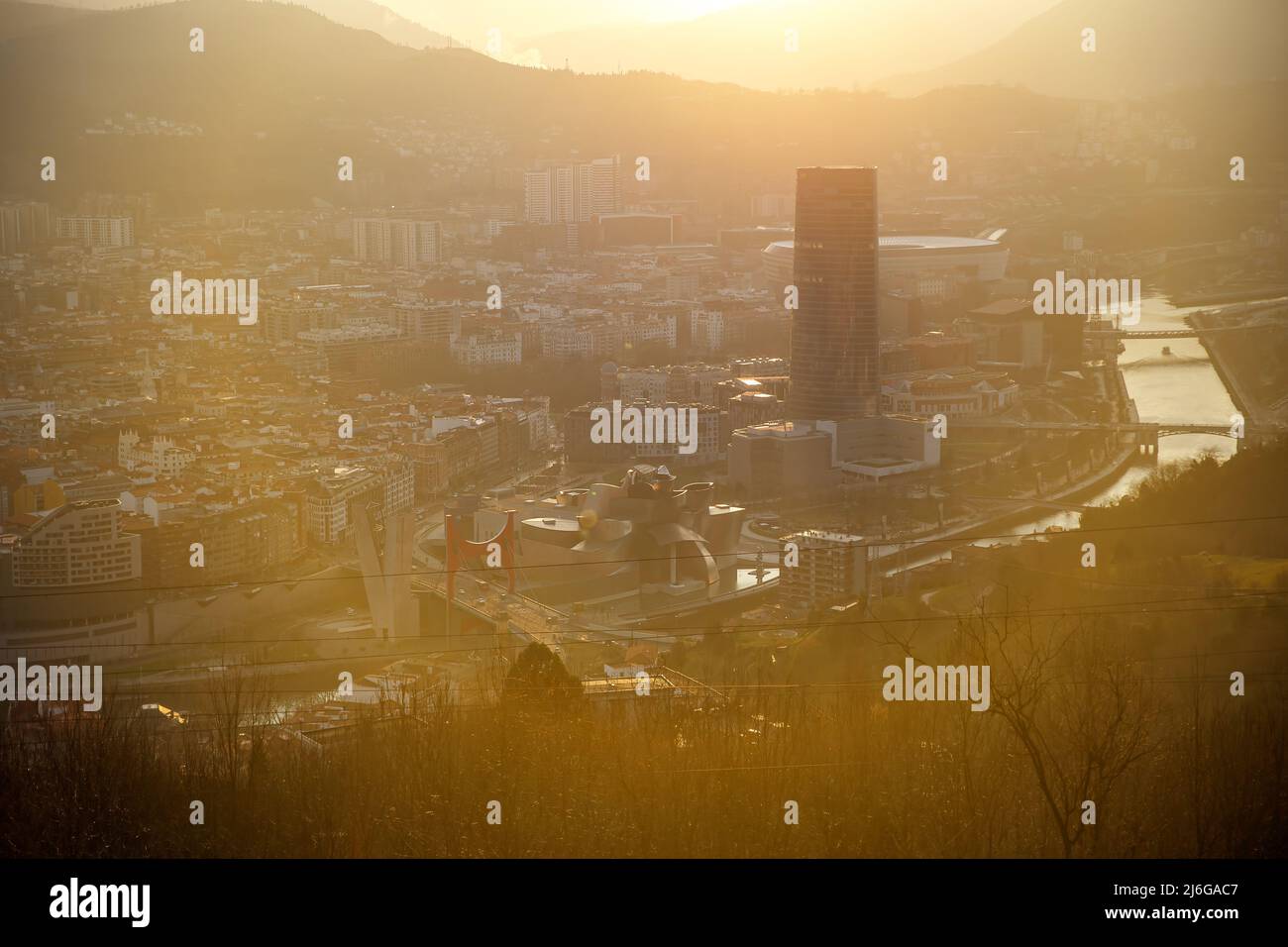 Sunset view of Bilbao city in northern Spain. Guggenheim Museum in the ...