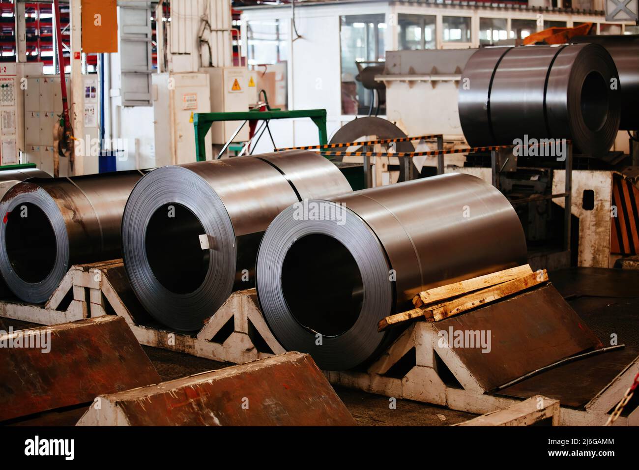 Rolls of galvanized steel sheet inside the factory or warehouse Stock ...