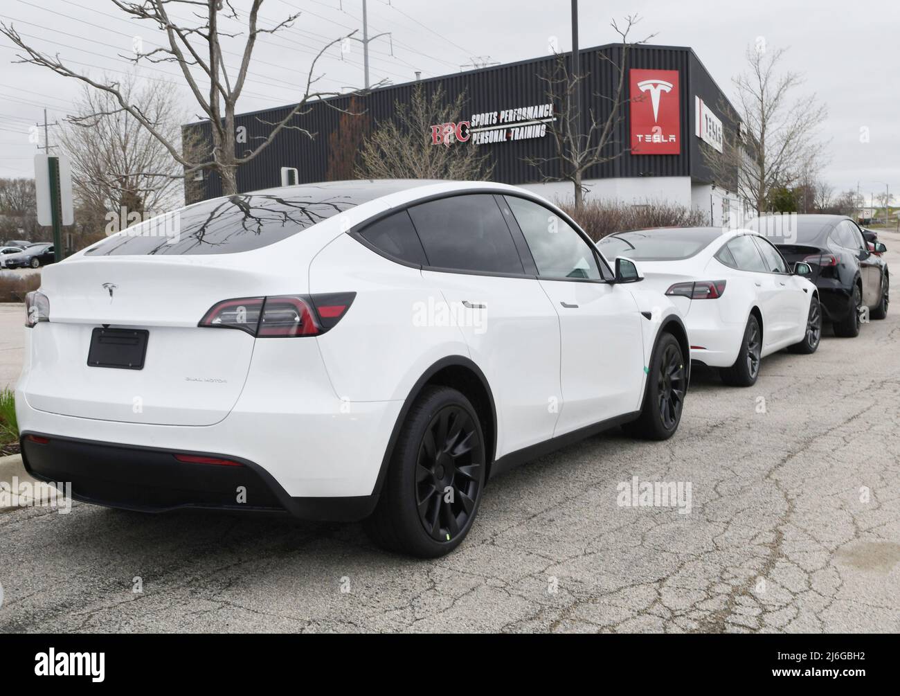 May 1, 2022, Highland Park, Illinois, USA: New Tesla cars are parked at ...