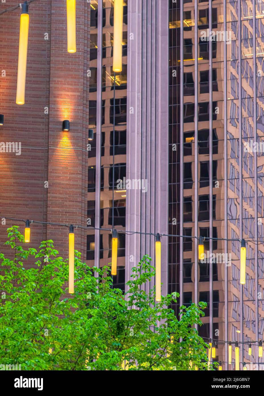 Vertical String lights above the street at Salt Lake City downtown in ...