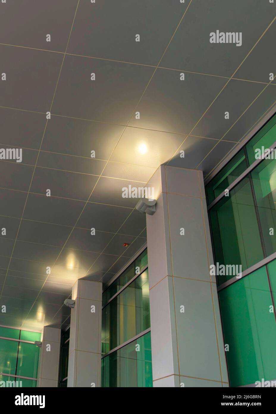 Vertical Light gray ceiling tiles and columns inside a building at Salt ...