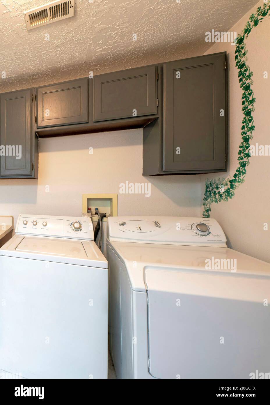 Vertical Laundry room exterior with laundry units and gray colored ...