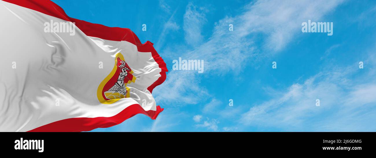 official flag of Bergen, Norway , Norway at cloudy sky background on ...