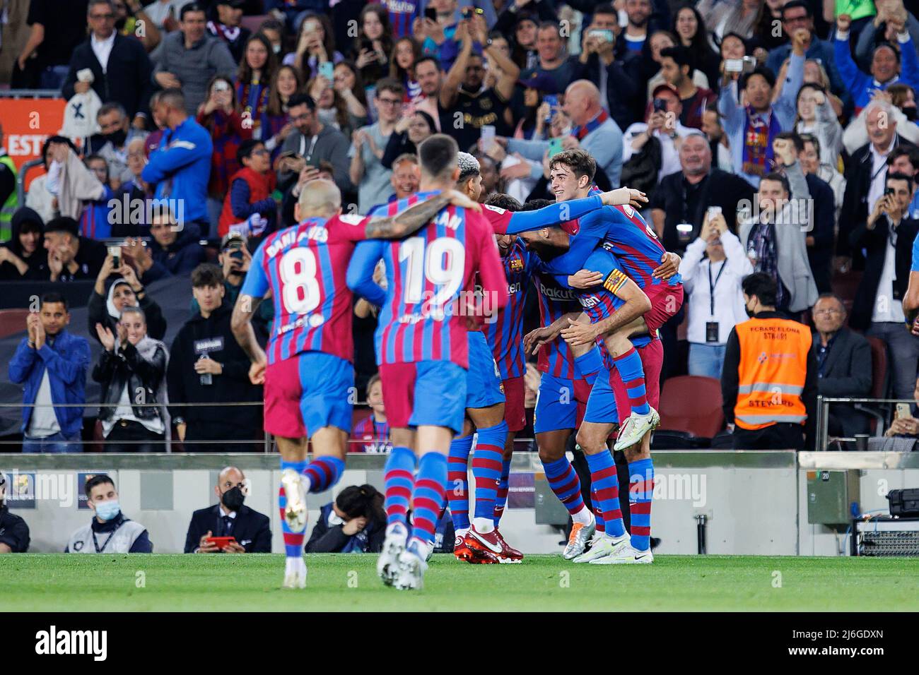 Barcelona, Spain. 1st May, 2022. Barcelona players celebrate a goal at ...