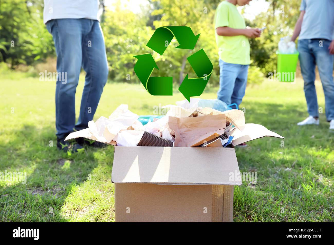 Box with gathered garbage outdoors. Concept of recycling Stock Photo ...