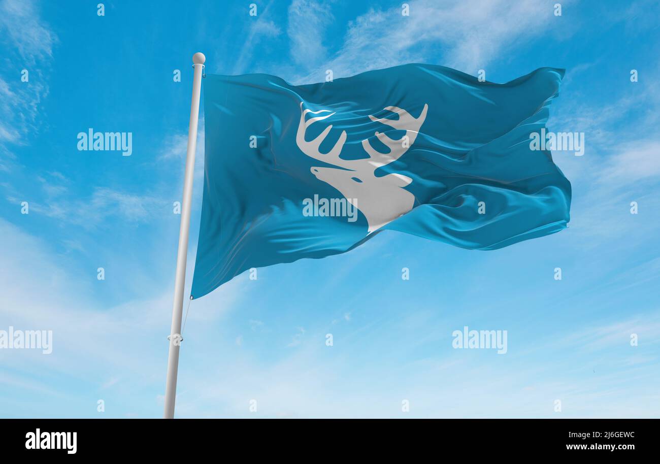 official flag of Hitra crest , Norway at cloudy sky background on ...