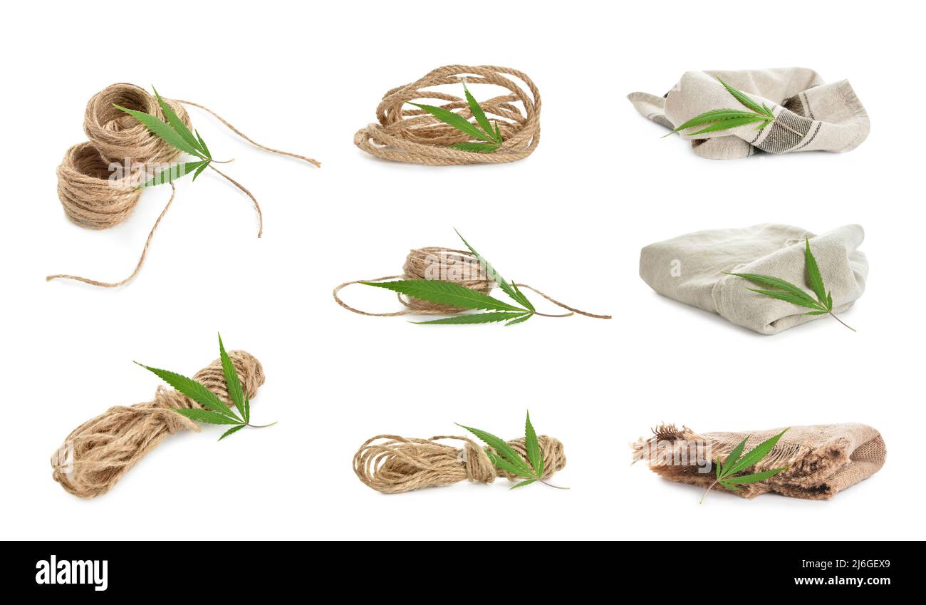Set of hemp ropes and fabrics on white background Stock Photo - Alamy