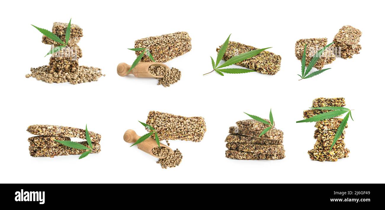 Set of healthy hemp protein bars on white background Stock Photo - Alamy