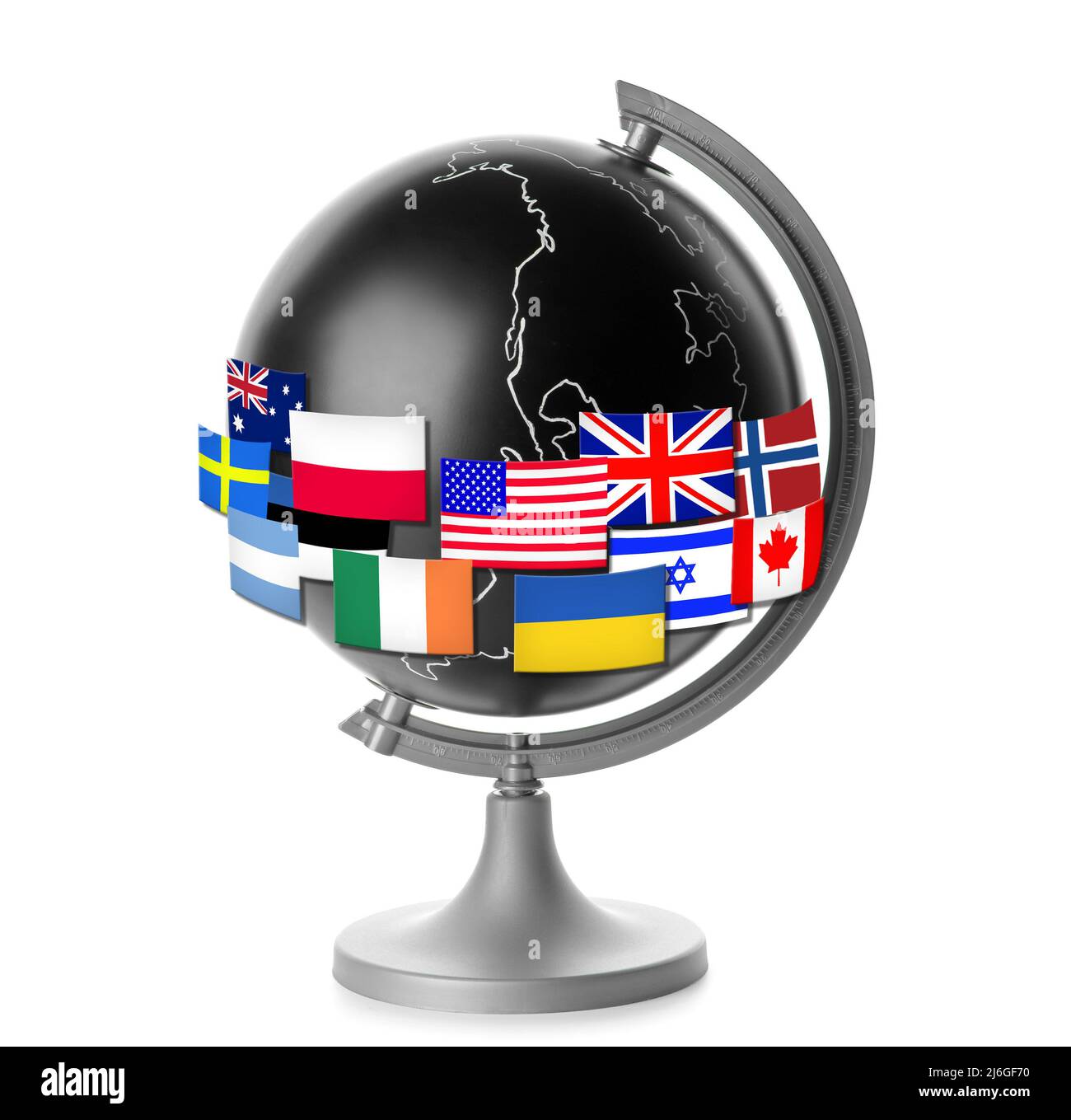 Globe and different flags isolated on white Stock Photo - Alamy