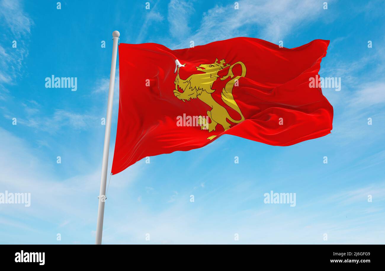 official flag of Konge royal standards of Norway , Norway at cloudy sky ...