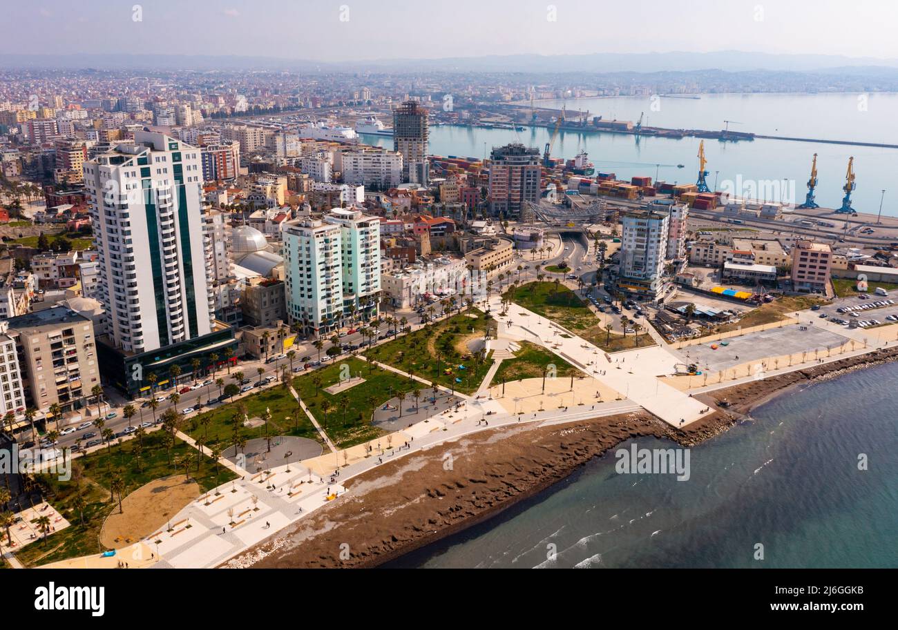Aerial view of seaside area of Durres with cranes of seaport Stock ...