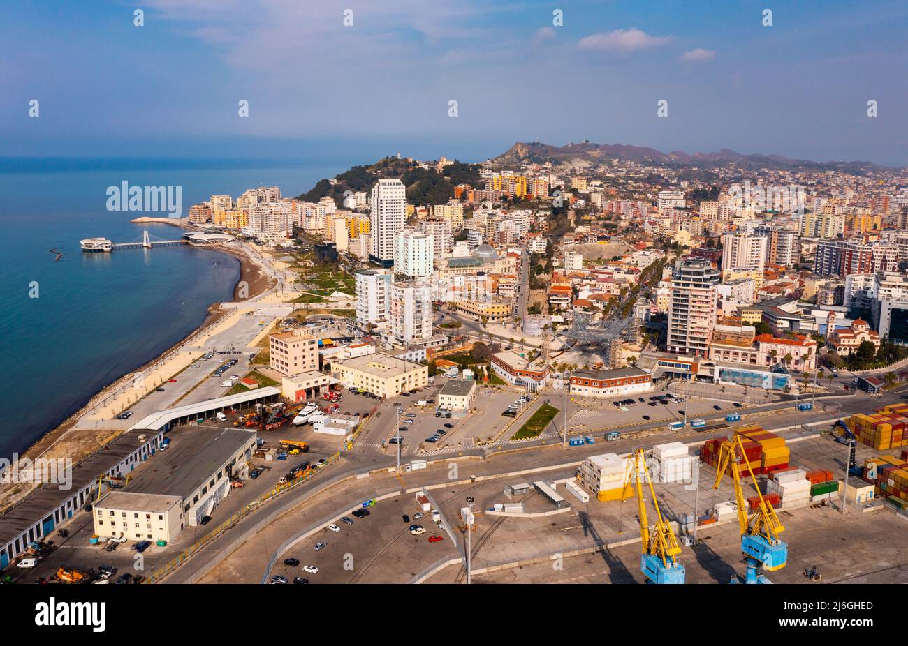 Aerial view of seaport in Albanian city of Durres on background of ...