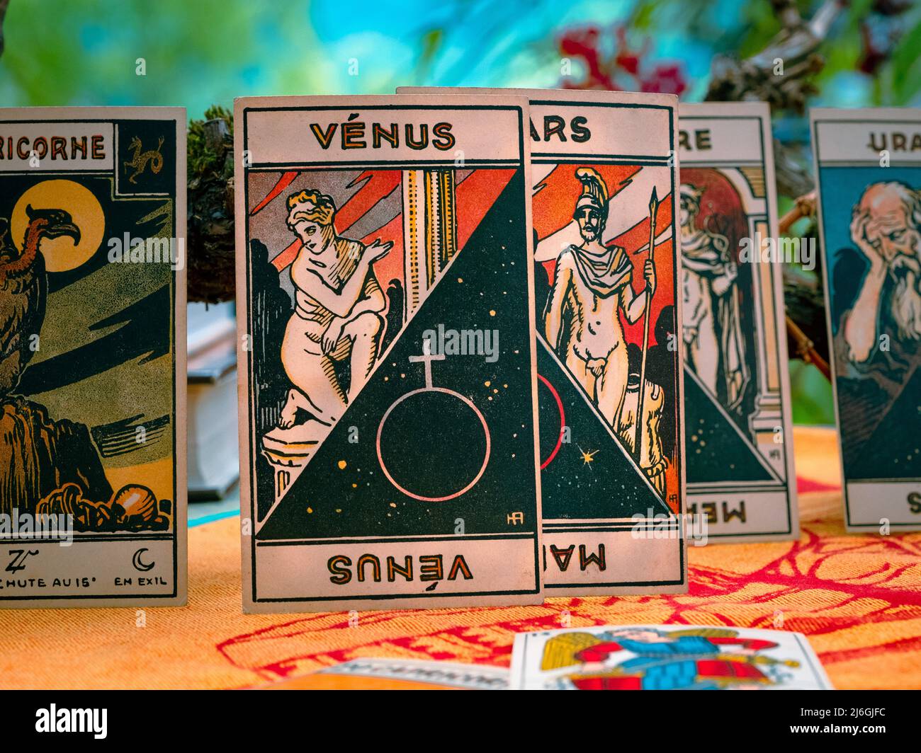 Concept of Horoscope Tarot cards of Zodiac Signs showing Mars and Venus ...