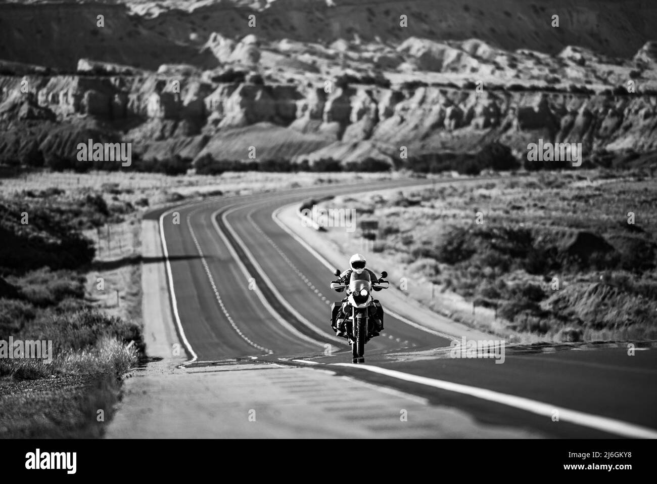 Biker driving on motorbike, Route 66, Arizona. Panoramic picture of a ...