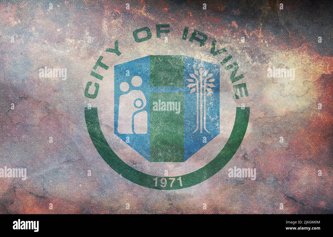 Top view of retro flag of Irvine, California, untied states of America ...