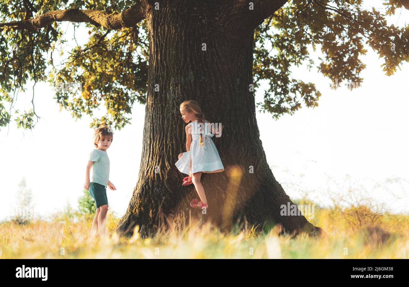 Happy girl and boy in the field. Fool around. Happy little kids. Little ...