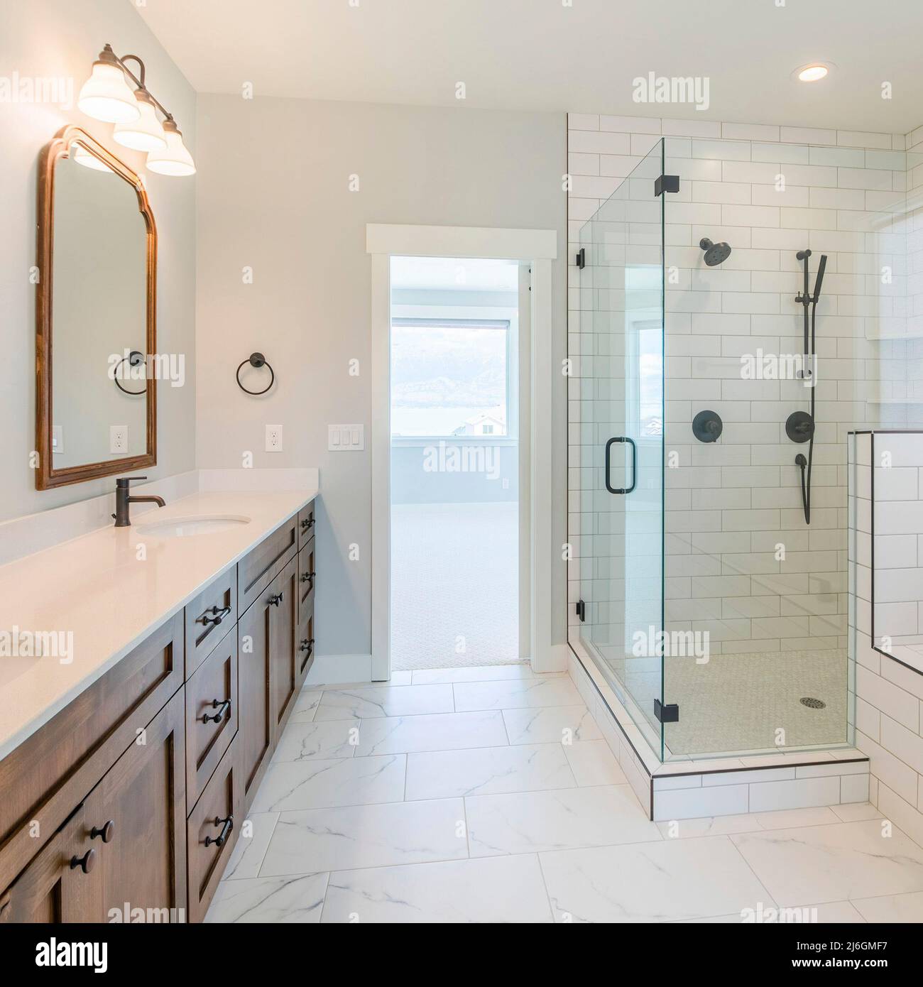 Square Contemporary master bathroom interior with marble tile flooring ...