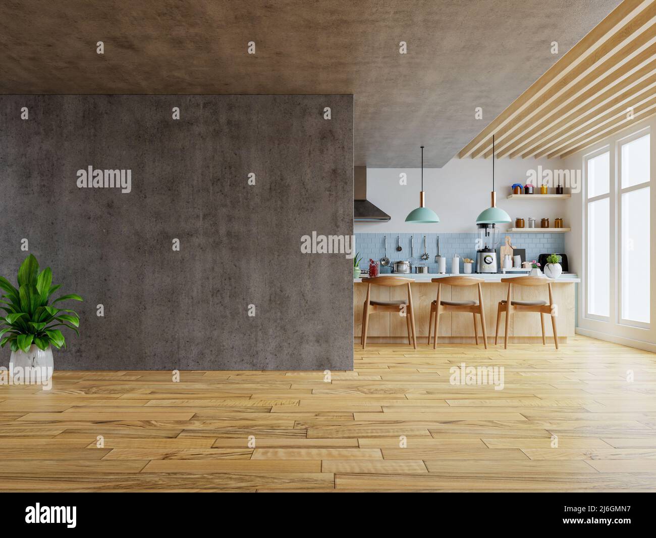 Mockup concrete wall in kitchen style house with accessories in the ...