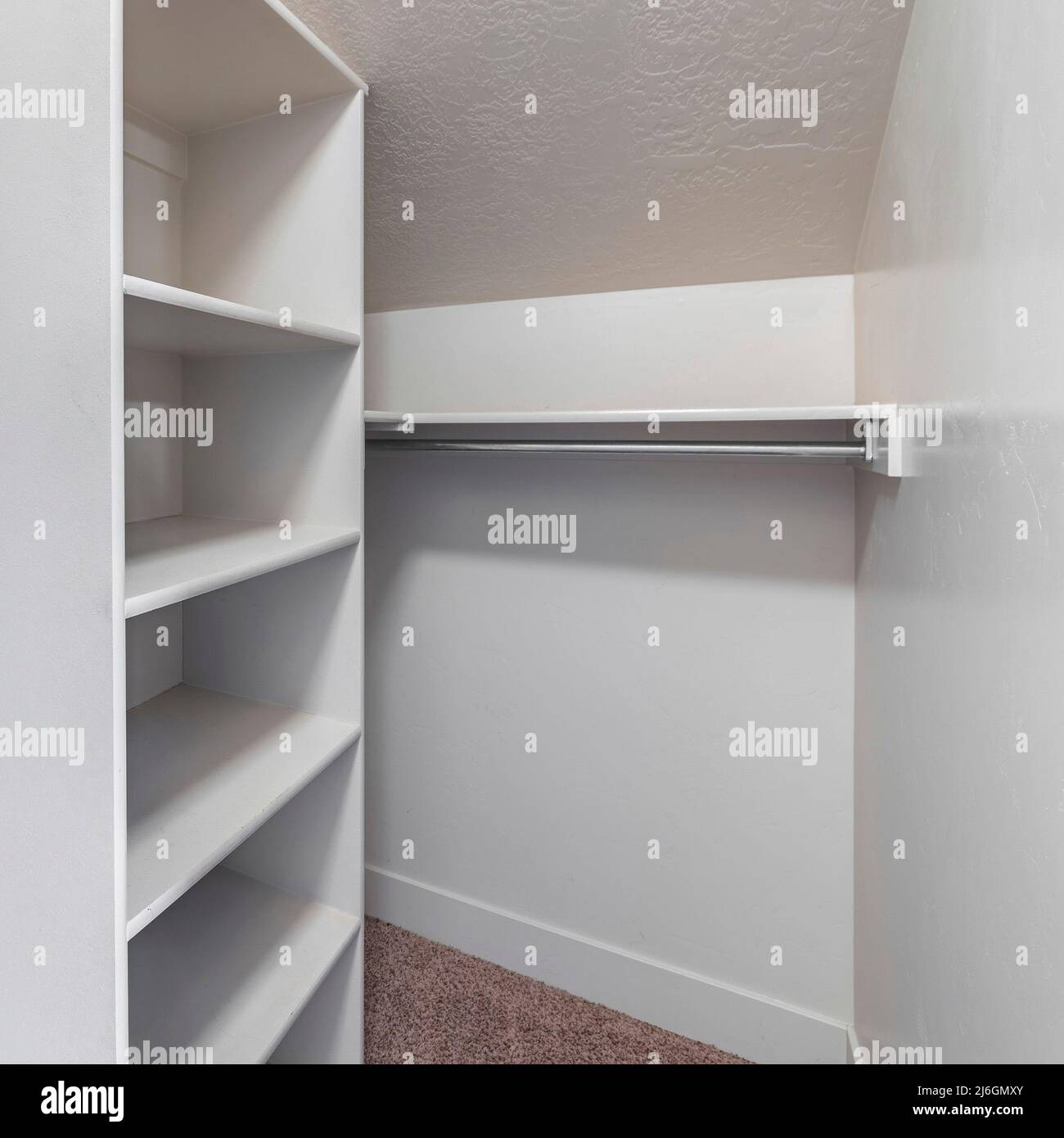 Square Small walk in closet with white interior and carpeted flooring ...