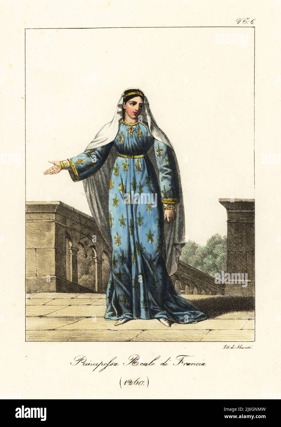 Costume of a French princess, 1260. In diadem and veil, blue gown with ...