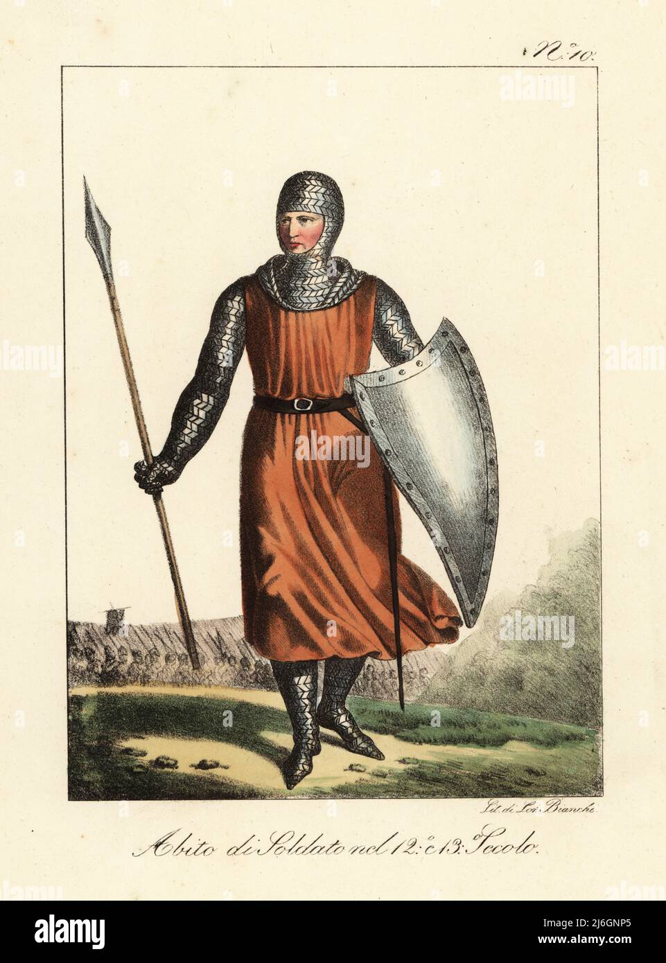 Costume of a French soldier, 12th and 13th century. In chainmail ...