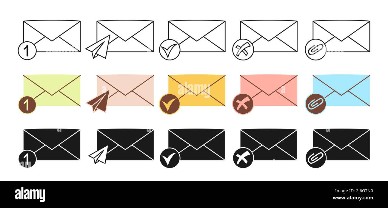 Mail envelope sign line and silhouette set. New message icon, letter ...