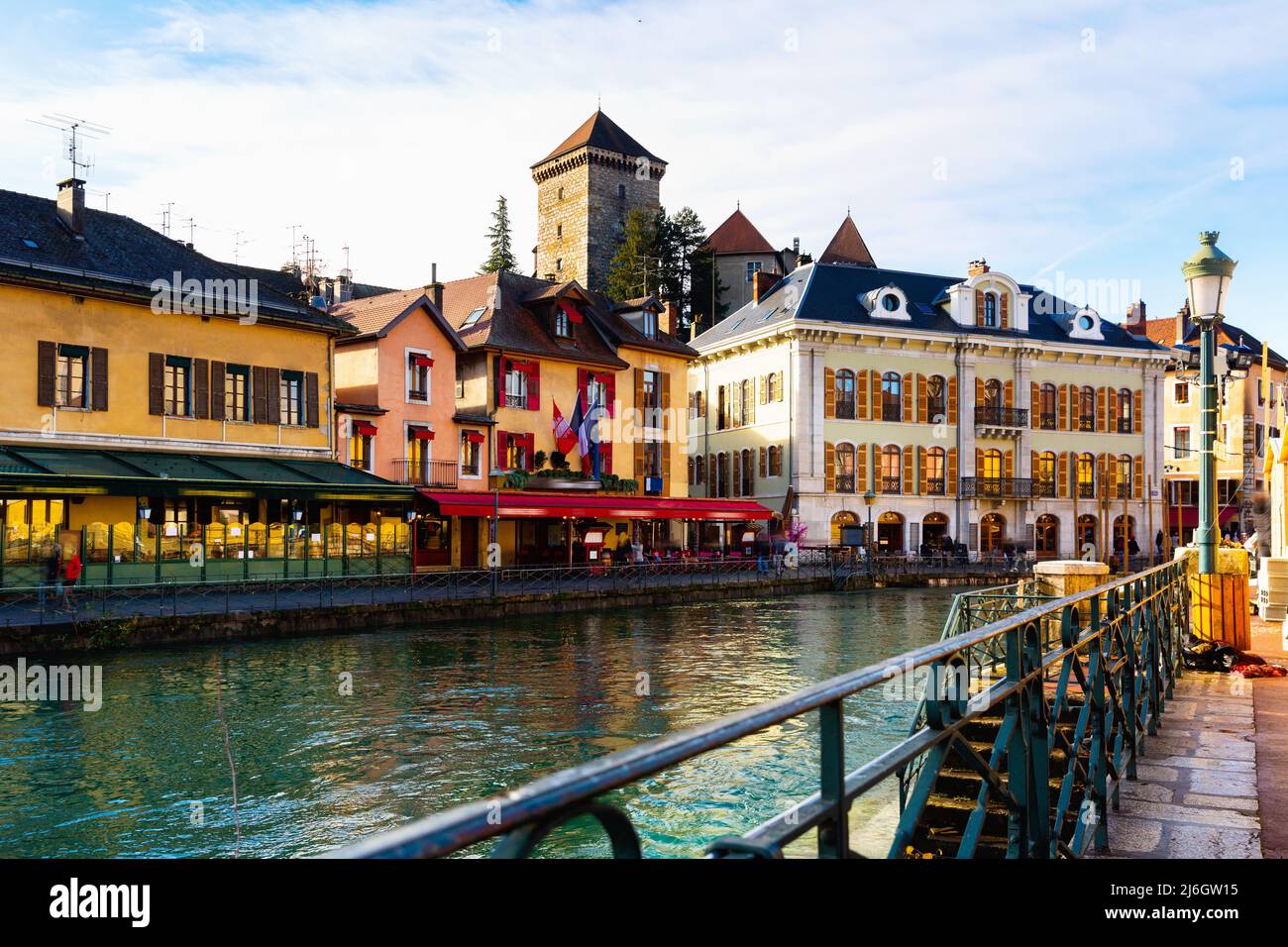 Annecy old town cityscape and Thiou river view and bridge Stock Photo ...