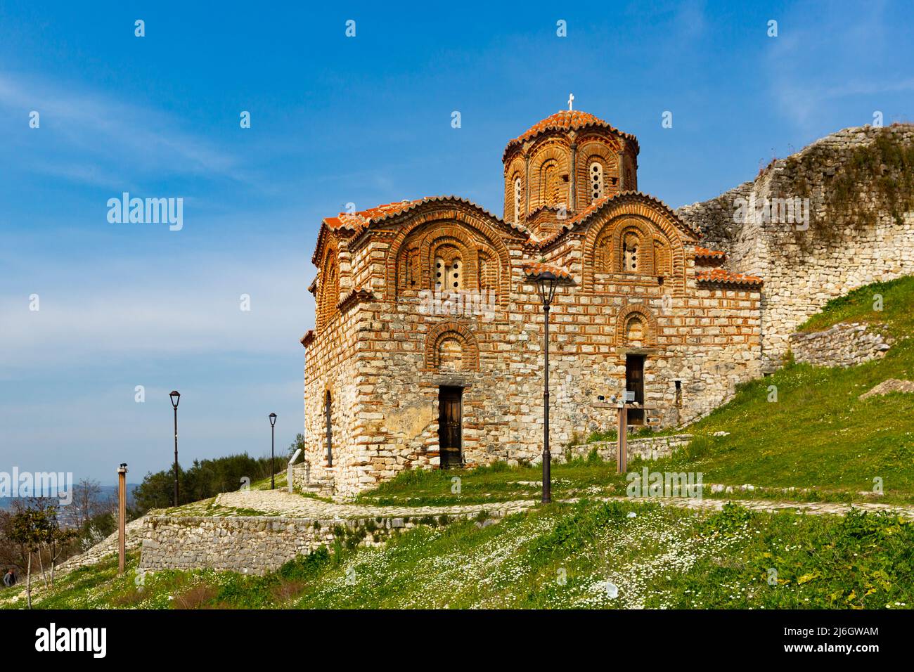 Medieval Holy Trinity Church on hill in Berat city in spring Stock ...