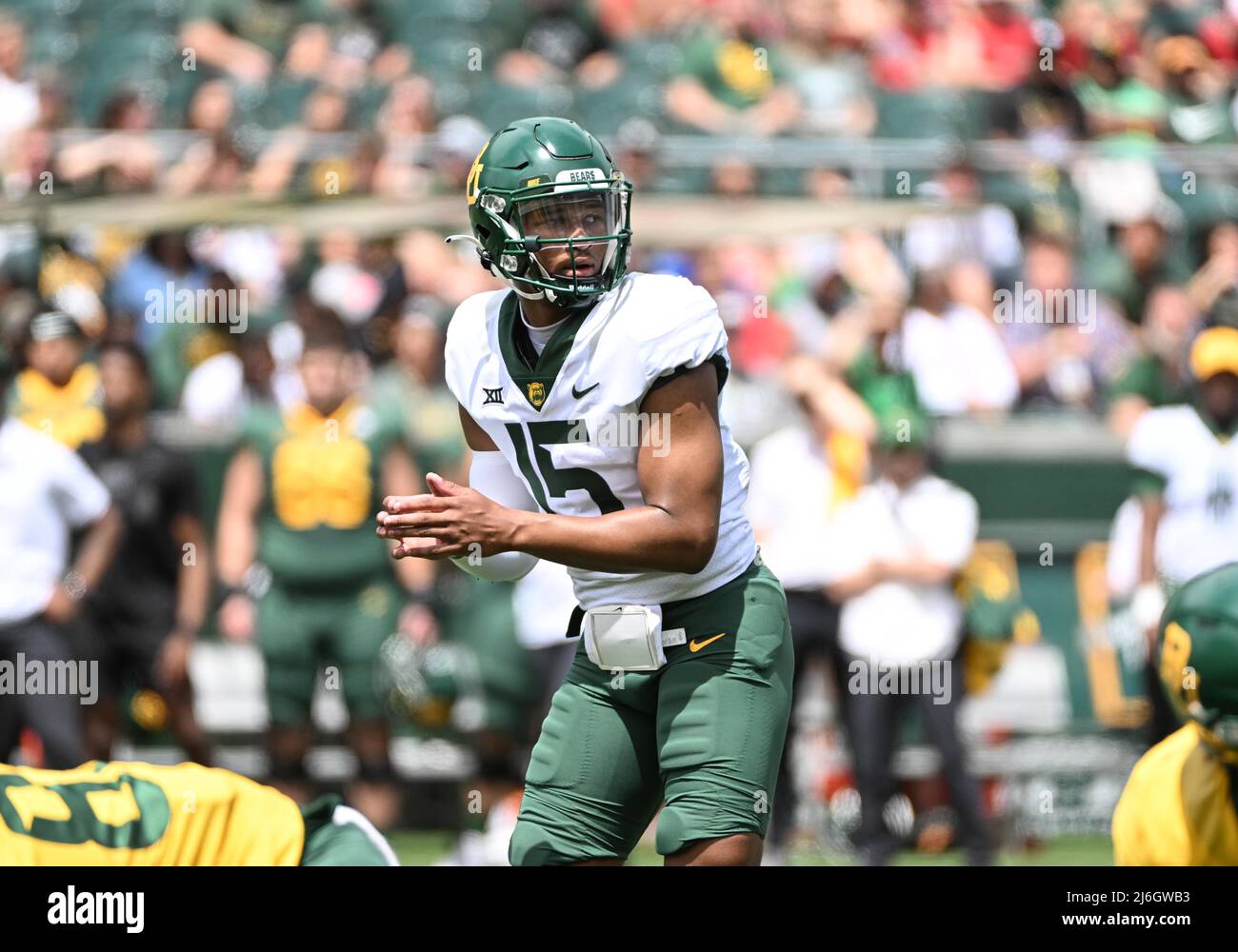 April 23 2022: Baylor Bears quarterback Kyron Drones (15) looks to the ...