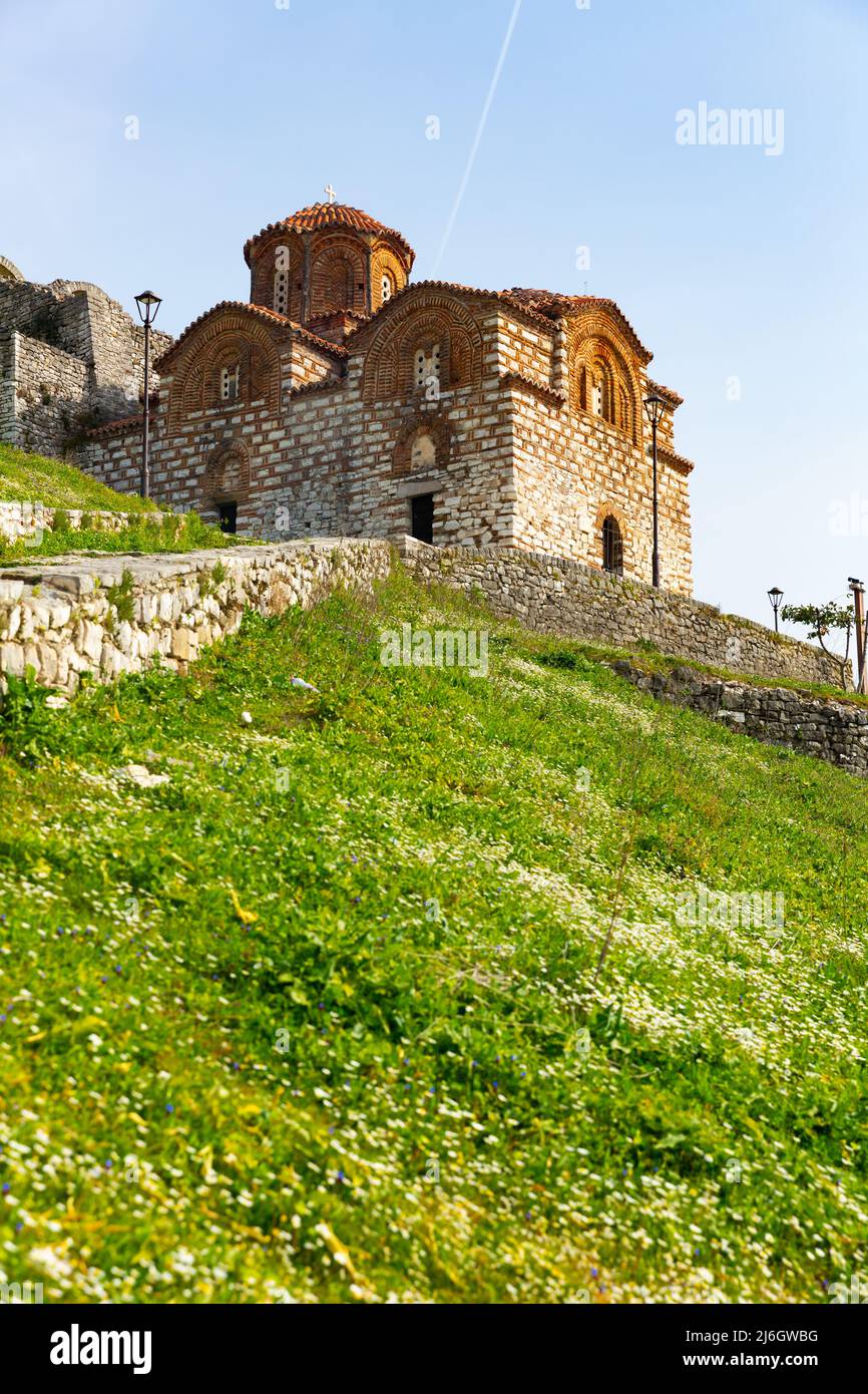 Medieval Holy Trinity Church on hill in Berat city in spring Stock ...