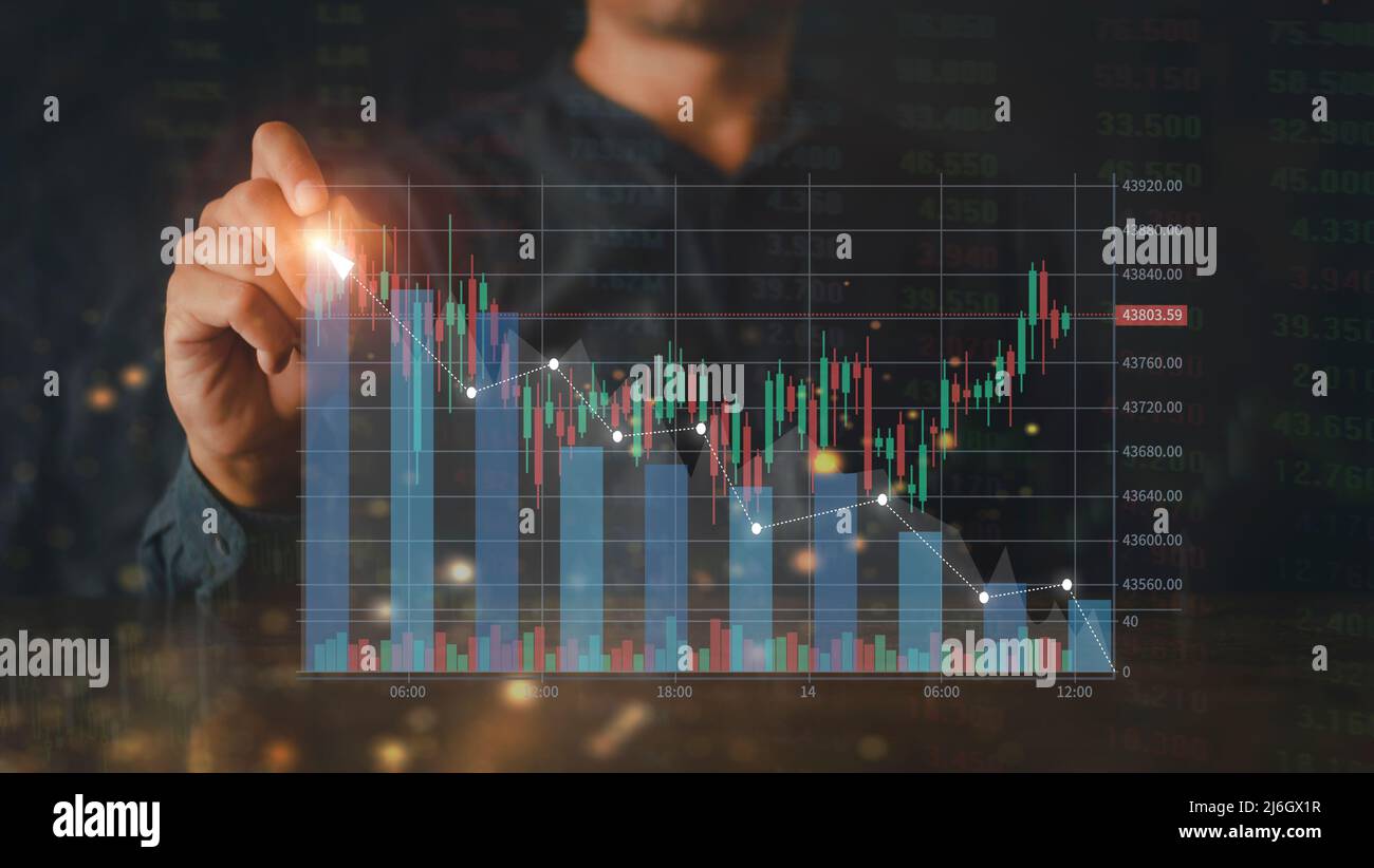 Businessman writing analyze graph for trade stock market on the screen ...