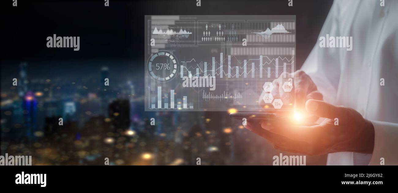 Businessman hand holds mobilephone with simulation statistics screen of ...