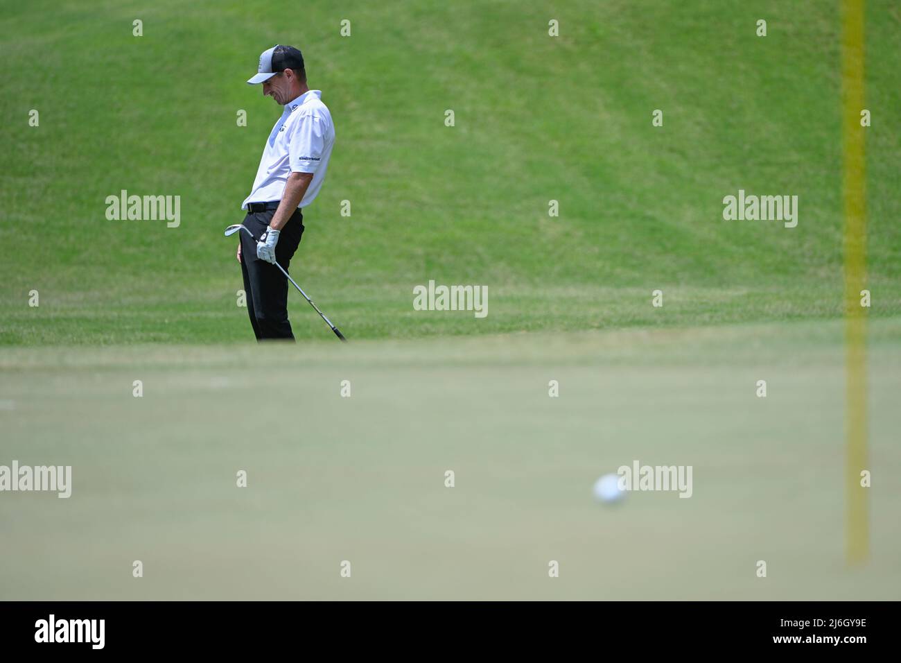 THE WOODLANDS, TX - MAY 01: Steven Alker reacts after his chip on to 1 ...
