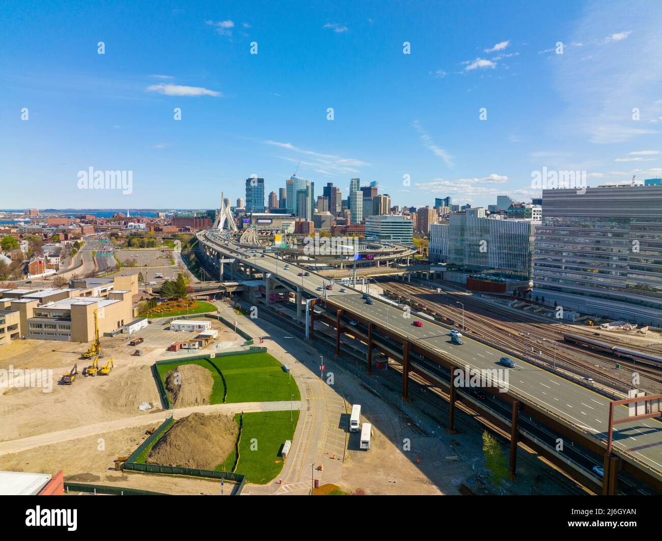 Boston downtown financial district skyline and Leonard Zakim Bridge ...