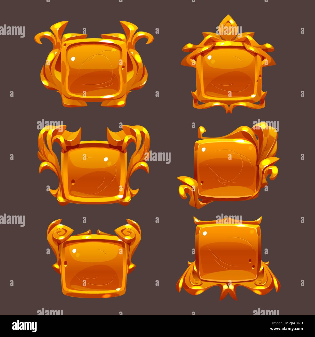 Game ui frames, gold square medieval menu elements. Golden buttons or banners with ornate rims ...