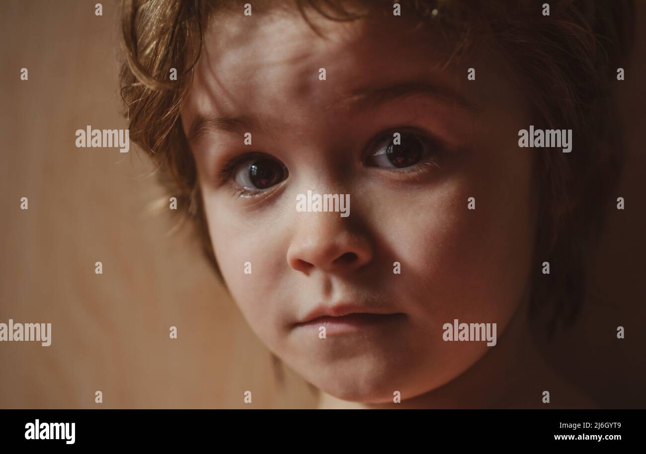 Caucasian amazed surprised child portrait close up. Kids face with big ...
