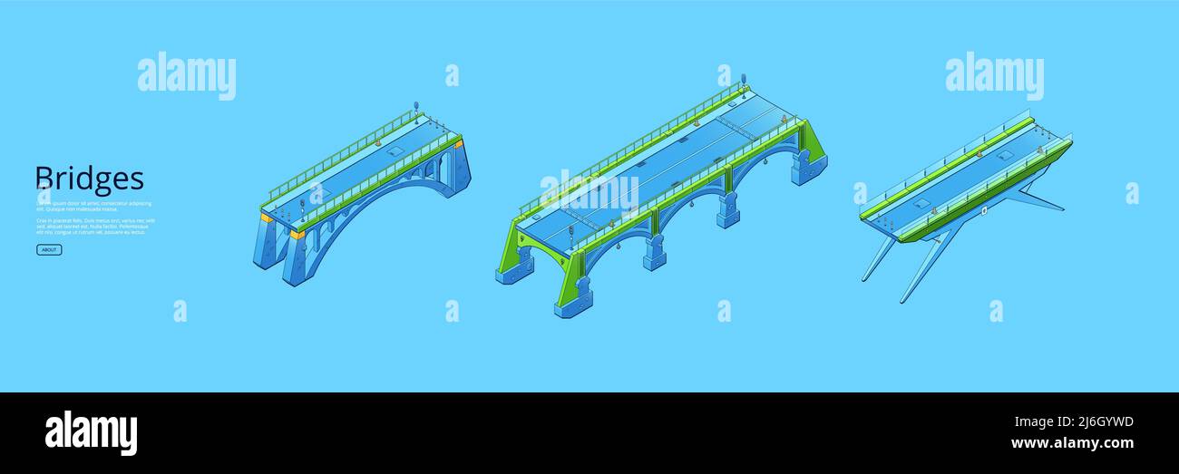 Bridges isometric web banner with city architecture construction of ...