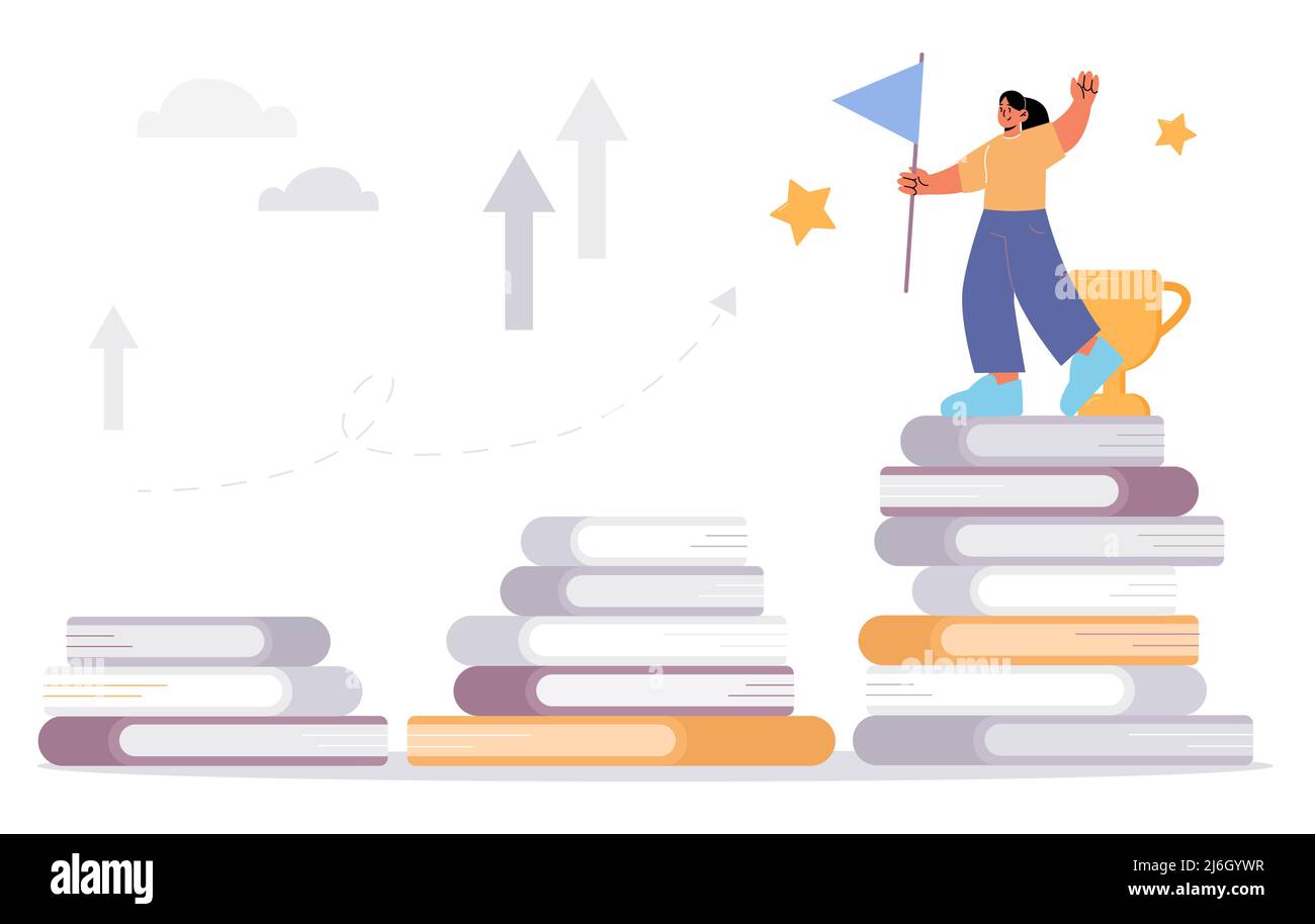 Education, reading, self development concept. Woman with flag in hand ...