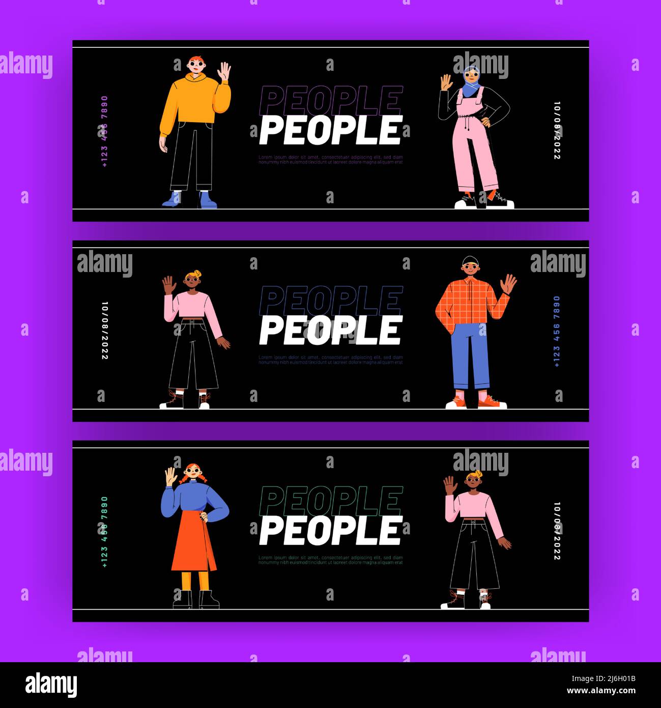 People ads banners with diverse male and female characters waving hand ...