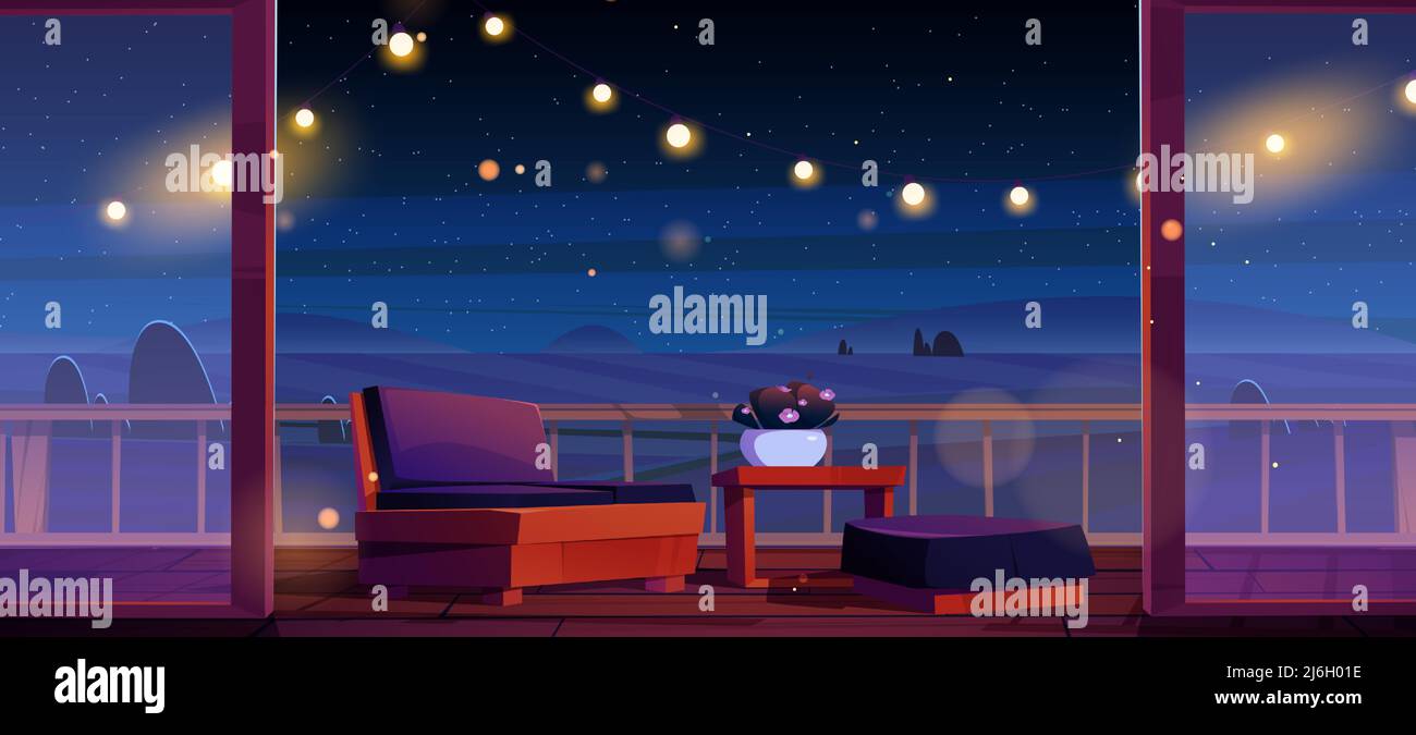 Wooden house terrace or balcony in countryside at night. Vector cartoon ...