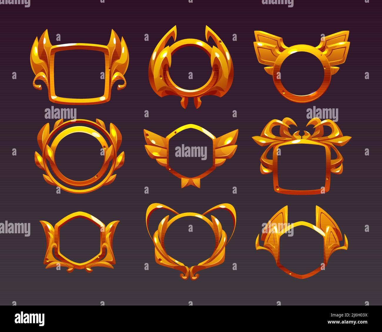 Ui game frames, gold textured round, square and hexagon borders with ...
