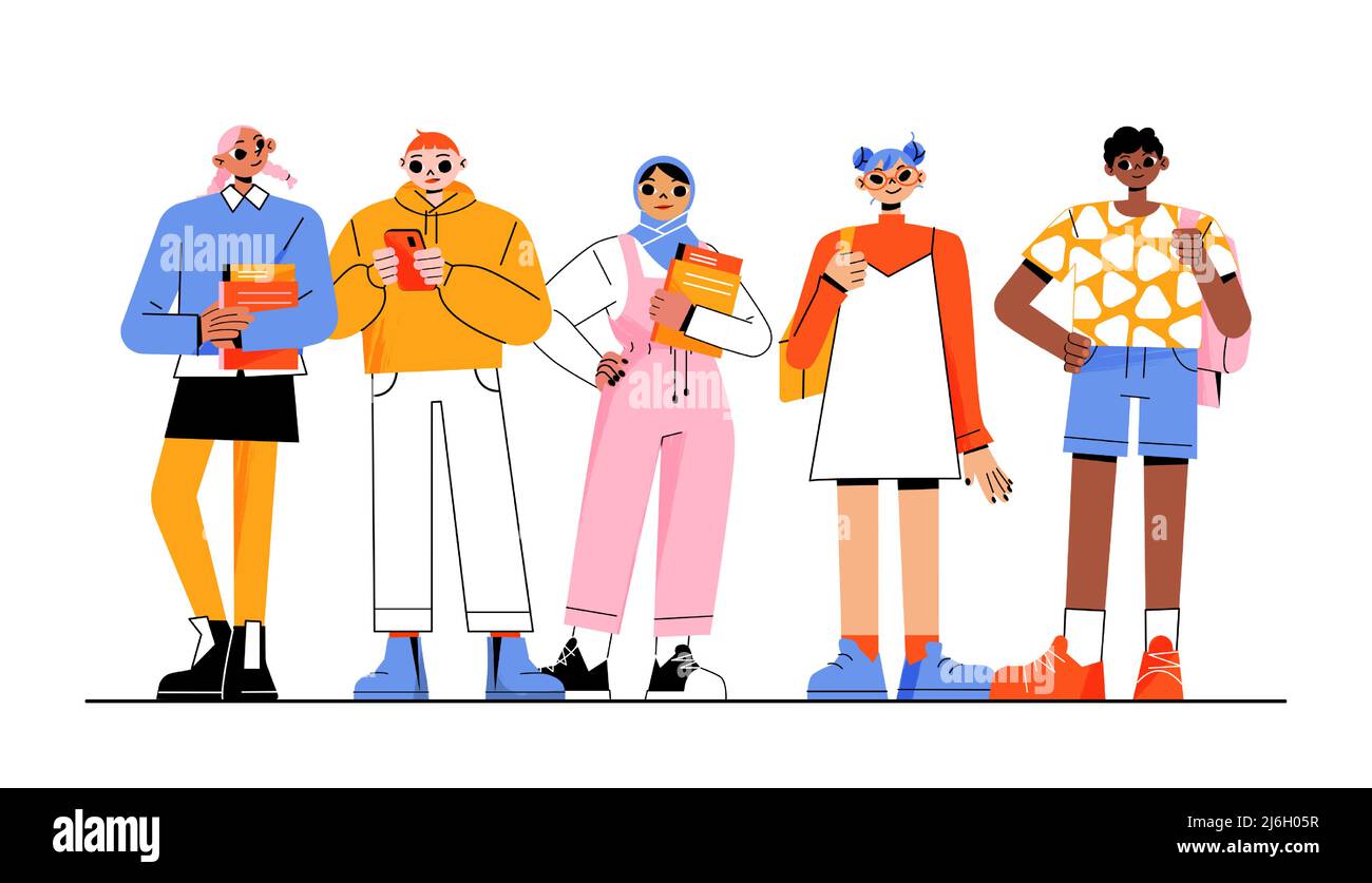 Group of students, multicultural young girls and boys with backpacks ...