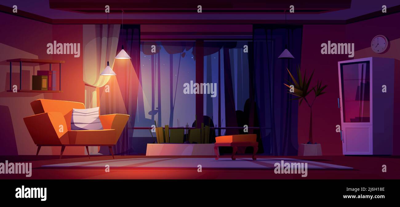 Night Living room interior with large panoramic windows at dusk time ...