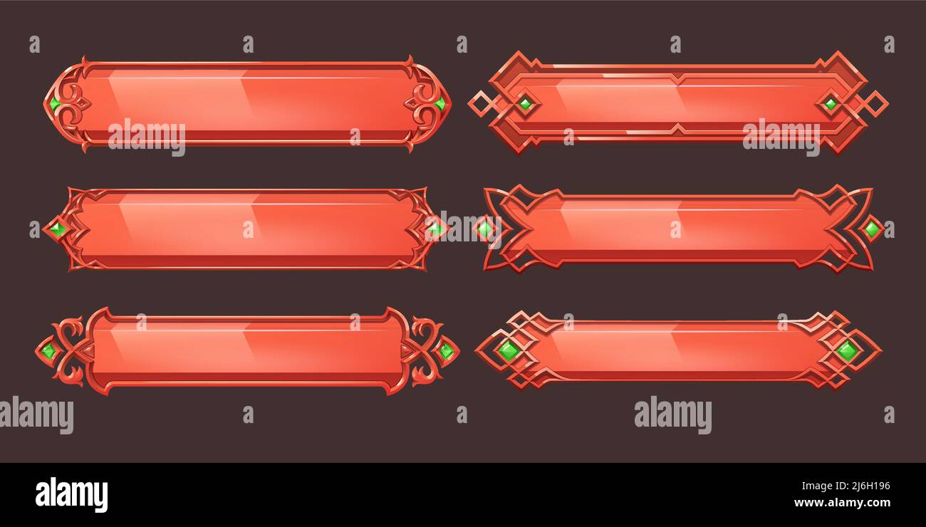 Red medieval ui game menu elements, buttons, banners with ornate rims and green gems. Empty ...