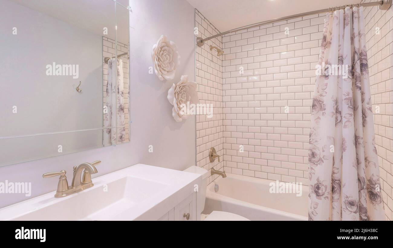 Panorama Traditional bathroom with white floral theme and tub shower ...